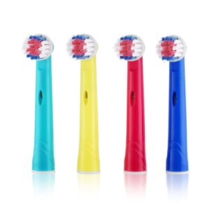 kids brush heads compatible with oral-b power toothbrush, red, blue, yellow & teal colors - pack of 4