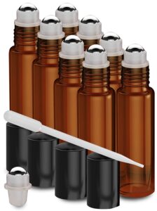 nylea 8 pack - essential oil roller bottles [metal chrome roller ball] free plastic pippette refillable glass color roll on for fragrance essential oil - 10 ml 1/3 oz (amber)