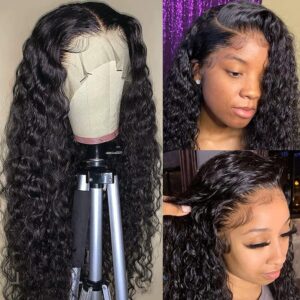 alibeauty 13x4 hd transparent lace front wigs human hair pre plucked hairline with baby hair 200 density brazilian water wave wigs for black women(20 inch)