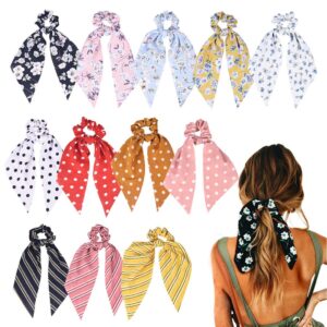 12 pcs hair scarf/ scrunchies chiffon floral ponytail holder scrunchy bands ties 2 in 1 vintage accessories for women girls