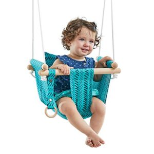 secure canvas baby swing with safety belt, wooden hanging swing seat chair - indoor outdoor, baby hammock swing for infant and toddler (bright green)