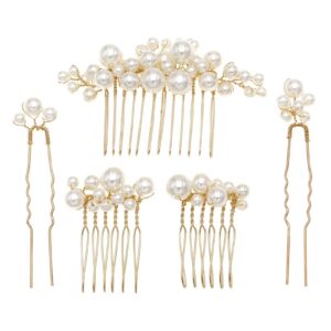 sppry wedding pearl hair combs set of 5 pcs - elegant hair accessories for bridal women (gold)