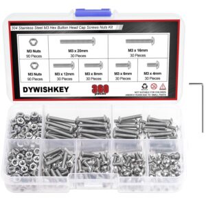 dywishkey 360 pieces m3 x 4mm/6mm/8mm/12mm/16mm/20mm stainless steel 304 hex button head cap bolts screws and nuts kit