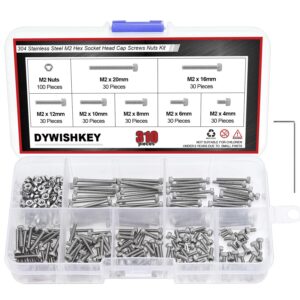 dywishkey 310 pieces m2 x 4mm/6mm/8mm/10mm/12mm/16mm/20mm, stainless steel 304 hex socket head cap bolts screws nuts kit with hex wrench