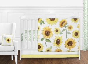 sweet jojo designs yellow, green and white sunflower boho floral baby girl nursery crib bedding set - 11 pieces - farmhouse watercolor flower