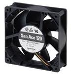 sanyo denki 9gv1224p4g01 dc fan sq120x25mm 100% pwm: 24vdc 0.84a 20.16w, 5100rpm 171cfm 58dba, 55cfm for 0% pwm, guide vane tach pwm, 4 wire leads, plastic f/b