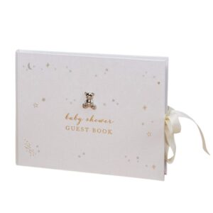 happy homewares white baby shower guest book with cream ribbon and silver and gold stars