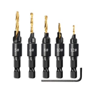 countersink drill bit set, 1/4 inch hex shank countersink drill bit, power tools accessories for plastic, metal, woodworking tool by power drill 5pcs/set #5, 6, 8, 10, and #13 (gold)