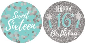 blue sweet 16 birthday stickers - sixteen happy 16th party round labels - 40 count