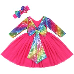 cilucu flower girl dress sequin dress baby toddler long sleeve dress tutu kids party birthday christmas new year dress rainbow hot pink 4t-5t