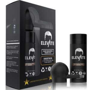 elevate hair perfecting 2-in-1 kit | set includes natural hair thickening fibers & spray applicator pump nozzle | instantly conceal & thicken thinning or balding hair areas for men women (dark brown)