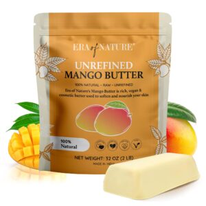 era of nature organic unrefined raw mango butter block bulk, skin moisturizing, use alone or in diy body butters, soaps, lotions and lip balm - 2lb (32oz)