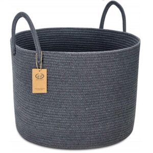 xxl cotton rope basket, 20'' x 15" woven laundry basket with long handles, baby kids dogs toy bins storage, decorative blanket baskets in living room (full dark gray)