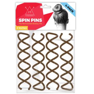 hawwwy spiral spin pins - 4 pack premium brown spin pins | easy & fast non-scratch alloy bun maker hair pins for buns women kids | messy bun bobby pins brown hair accessories