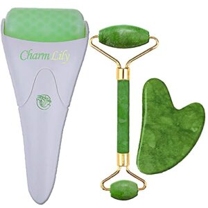 charmlily jade & ice roller + gua sha massager tool set for face & eyes, puffiness, reduce wrinkle aging, migraine, pain relief on neck & body, cold facial original natural stone - 3 in 1