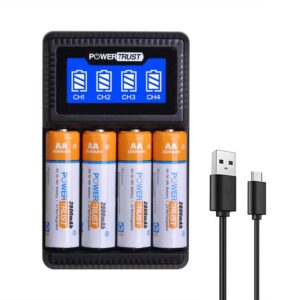 powertrust 2800mah 4pack aa rechargeable batteries and lcd usb charger for aa aaa ni-mh rechargeable batteries with 4-slots