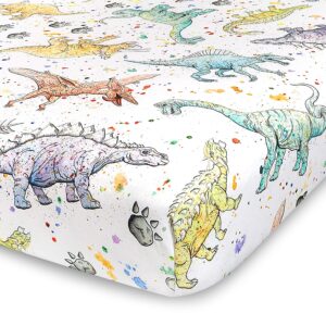 watercolor dinosaur jersey knit cotton crib sheet | extra soft and stretchy