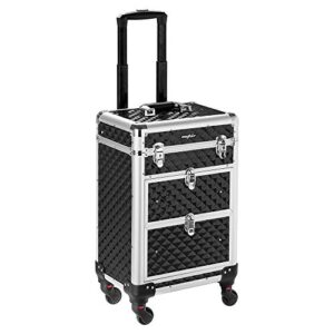 mefeir aluminum rolling makeup train case, portable makeup organizer suitcase, cosmetic storage box, travel beauty luggage trolley lockable w/4 removable wheels & 2 sliding drawers (black)