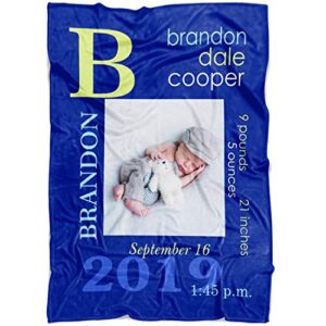 personalized baby photo newborn blanket with birth information for girls and boys. customized name blanket from baby's name, birthdate, weight. gift for new born baby, new dad mom grandma (blue)