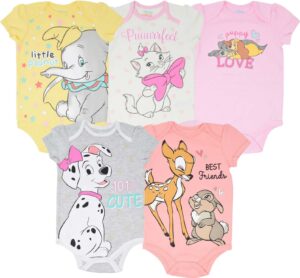 disney classics 101 dalmatians bambi dumbo aristocats baby girls 5 pack bodysuit 0-3 months