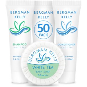 bergman kelly round hotel soap bars, shampoo & conditioner 3-piece set (0.5 oz each, 150 pc, white tea), delight your guests with revitalizing & refreshing mini travel toiletries & bulk amenities