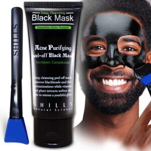 shills charcoal mask for men, purifying peel off mask, face mask peel off, face mask deep clean pore, blackhead remover, 1 bottle (1.69 fl. oz) and a brush set