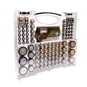 battery pro organizer and battery tester, wall-mount battery storage case, holds 100 assorted aa, aaa, c, 9-volt, cr123, cr1632, and button cell batteries, (white)