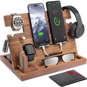 eterluck wooden docking station men, nightstand organizer bundle w/rfid blocking leather wallet - charging station, cell phone stand, tablet stand, husband gifts from wife, for dad - walnut