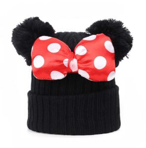 toddler girls winter beanie hats with pom poms warm knit baby cap with cute mouse ears bowknot black