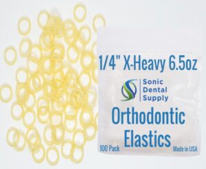 1/4 inch orthodontic elastic rubber bands - 100 pack - natural latex, x- heavy 6.5 ounce small rubberbands, braces, dreadlocks hair braids, teeth gap, grooming, crafts - sonic dental - made in usa