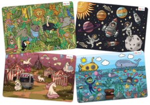 merka 4 pack kids placemats for dining table, placemat plastic for kid, reusable wipeable, set of 4 ocean space jungle unicorns for ages 2 and up