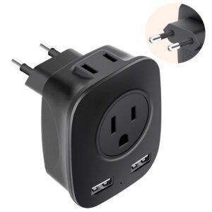 european plug adapter, newvanga international universal travel power adapter with 2 usb charing ports, 2 x 15a outlet adapters for us to europe eu italy spain iceland european outlets (type c)