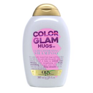 ogx colorglam ultra hydrating shampoo for color-treated hair, gentle sulfate-free surfactants to help protect hair color, semi-sweet scent, 13 fl oz