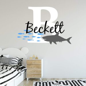 nursery baby shark name and initial custom wall decal sticker, boy wall decal, boys name, decor, personalized, boys name decor, girls nursery, plus free white hello door decal (m)