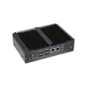 gigaipc qbix pro amd v1605b embedded fanless mini pc with quad displays via hdmi, 4 x com, wide input 9-36v dc-in