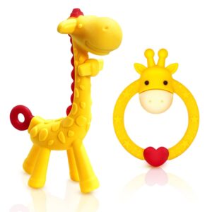 share&care bpa free silicone giraffe baby teether toy with storage case, for 3 months above infant sore gums pain relief and baby shower, baby teething toys (yellow)