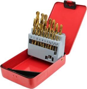 monster & master titanium plated drill bit set, 21-piece, high-speed steel gold drill bits with 135 degree split point tip, 1/16" to 3/8", mm-tp-002