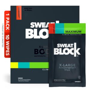 sweatblock antiperspirant body wipes | clinical strength | all-day sweat protection for body, hands, feet & underarms | hyperhidrosis treatment for men & women | xl, unscented, 10-pack