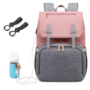 loodial diaper bag backpack with usb charging port for bottle warmer, multifunction travel back pack maternity baby nappy bags, large capacity, waterproof and stylish, grey-pink