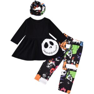 hintina 3pcs 4t toddler little girls halloween outfits skull tops ghost leggings pants clothes set with scarf 4-5t years