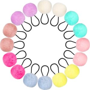 willbond pom pom fur ball & elastic hair ties - 16 pieces fluffy scrunchies & ponytail holders for women, hair accessories (color set 1)