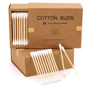 bamboo cotton swabs 400 count - vegan cotton buds - natural wooden ear sticks with double tipped - organic cotton swabs for ear wax removal