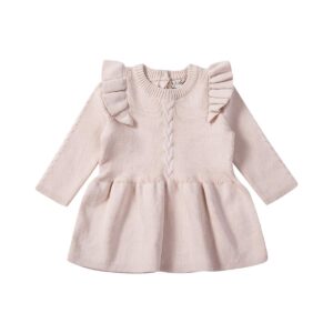 merqwadd infant toddler baby girl pleated dress solid longsleeve knit sweater winter dress (3-6 months,b-ruffle sweater apricot)