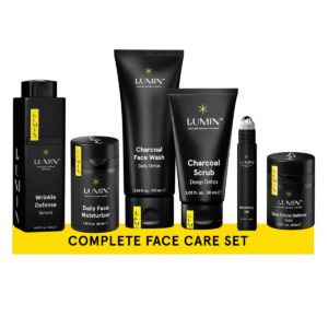 lumin - complete set men's skincare routine includes: charcoal face wash, charcoal scrub, face moisturizer, wrinkle serum, recovery oil & dark circle defense balm