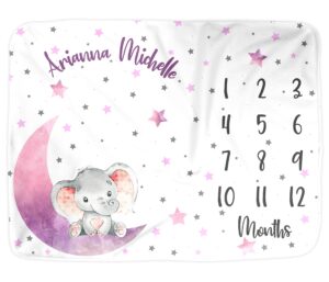 elephant baby milestone blanket girl, first year monthly growth blanket, personalized name month photo, love you to the moon and back, baby girl shower gift (elephant-pink, smooth 38x28)