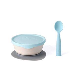 miniware first bites set with cereal bowl, detachable suction foot, and training spoon for baby toddler kids - promotes self feeding | eco-friendly and bpa free | dishwasher safe (vanilla & aqua)