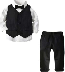 sangtree baby boy's tuxedo clothes, 3 pieces fall winter outfit, long sleeves button down dress shirt with bow tie + vest + pants set gentlemen clothing, a - black, 9-12 months = tag 70