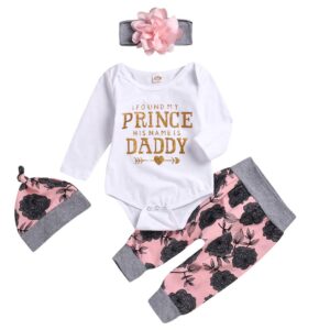 4pcs infant baby girls arrow letters romper top+long floral pant leggings+warm hat+headhand bodysuit (0-3 months, white&floral)