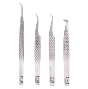 m lash tweezers for eyelash extensions (set of 4) - professional lash extension tweezers - fiber tip, japanese steel, diamond grip eyelash extension tweezer (silver)