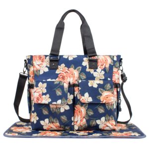 h hikker-link womens large floral waterproof diaper bag weekend bags handbag for mom tote bag changing pad dark blue